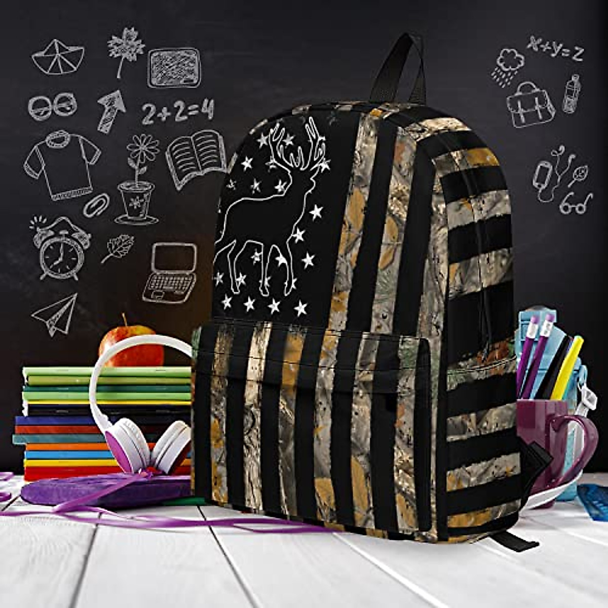 Ridzorgt Fox Backpack, Lightweight College Bookbag Durable Laptop Wear-resistant Rucksack, Casual Daypack for Office (Camo Forest Deer Flag)