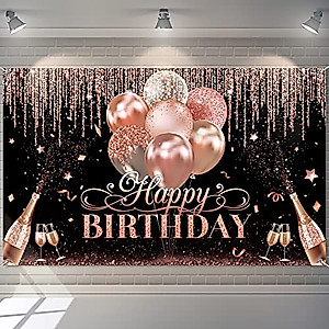 Black Silver Rose Gold Happy Birthday Party Decorations Supplies Glitter Balloon Birthday Party Backdrop for Women Girls Happy Birthday Banner Baby Shower Sweet 16 Photography Background Photo Booth