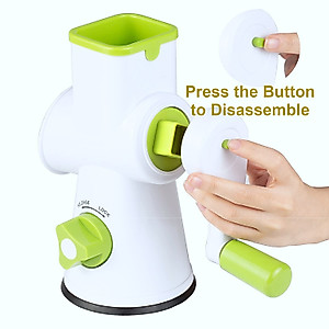 Rotary Cheese Grater - Round Vegetable Mandoline Slicer with 3 Cylinder Stainless Steel Blades, 100% Dishwasher Safe, Super Strong Grip