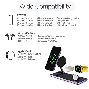 PETINO 3 in 1 Magnetic Wireless Charger Foldable, Mag-Safe Charger Stand, Mag-Safe Wireless Charging Station for Apple Devices, iPhone 15/14/13/12 Series, Apple Watch Series, AirPods Pro(Purple)