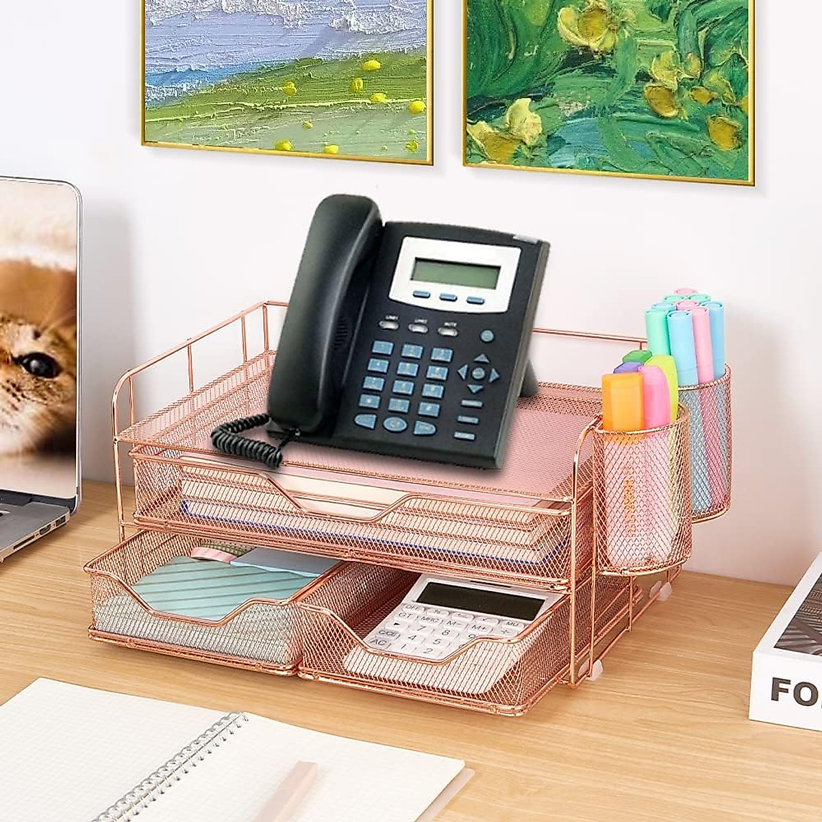 Youbetia Desktop Organizer, 3 Drawer Jewelry Organizer with Pen Holders, Rose Gold, for Office Supplies and Skincare