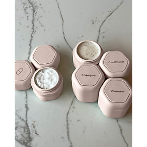 Cadence Travel Containers - Daily Routine Capsule Set - Magnetic Travel Capsules - For Shampoo, Conditioner, Body Wash, Pills, and More - 4 Flex Mediums (1.32oz) & 3 Flex Smalls (0.56oz) - Petal