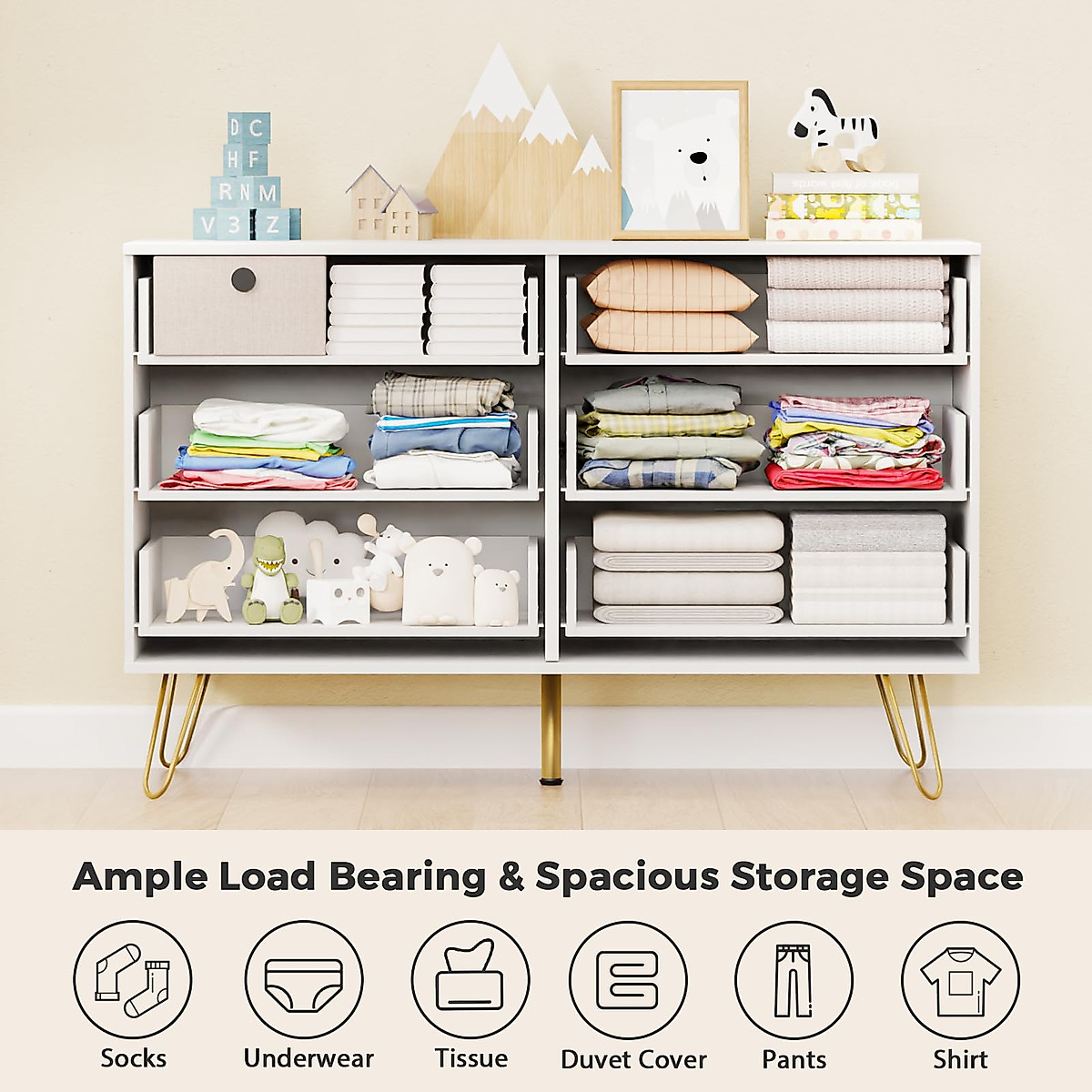 Vrullu White Dresser for Bedroom, Wide Wood 6 Drawer Dressers & chests of Drawers, TV Stand for 55" TV, Modern Storage Drawers for Entryway, Closet, Hallway (1, White)