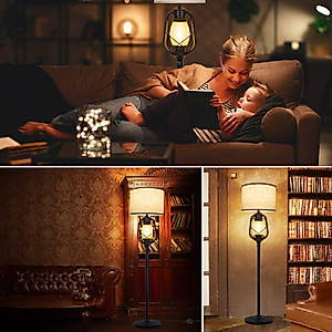 Rustic Farmhouse Floor Lamp with LED Night Light, 2-Light Tall Standing Lamp, Vintage Pole Light with Beige Linen Drum Shade，Industrial Black Stand Up Lamp for Bedroom, Living Room, Reading, Office