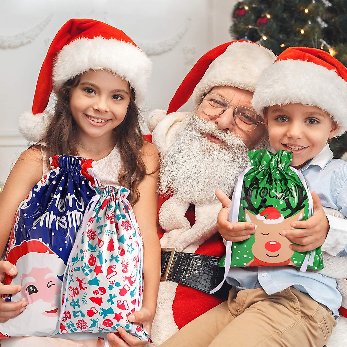 PRETYZOOM Amosfun Christmas Drawstring Gift Bags 30pcs Large Size Wrapping Upgraded Assorted Styles Santa 4 Sizes for Xmas Holiday Presents Party Favor Goody Bags with Ribbon Ties