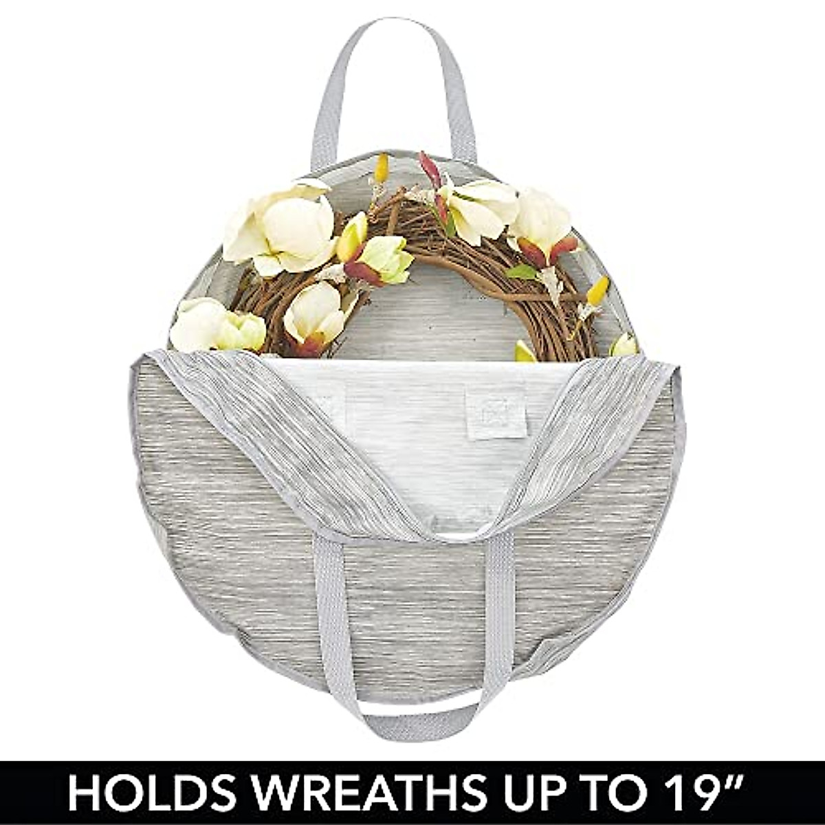 mDesign Round 19" Wreath Storage Container with Handles - Fabric Christmas Wreath Storage Bag and Protector - Garland Storage Bag Container - Holiday Decoration Organizer - 2 Pack, Striped Taupe/Tan