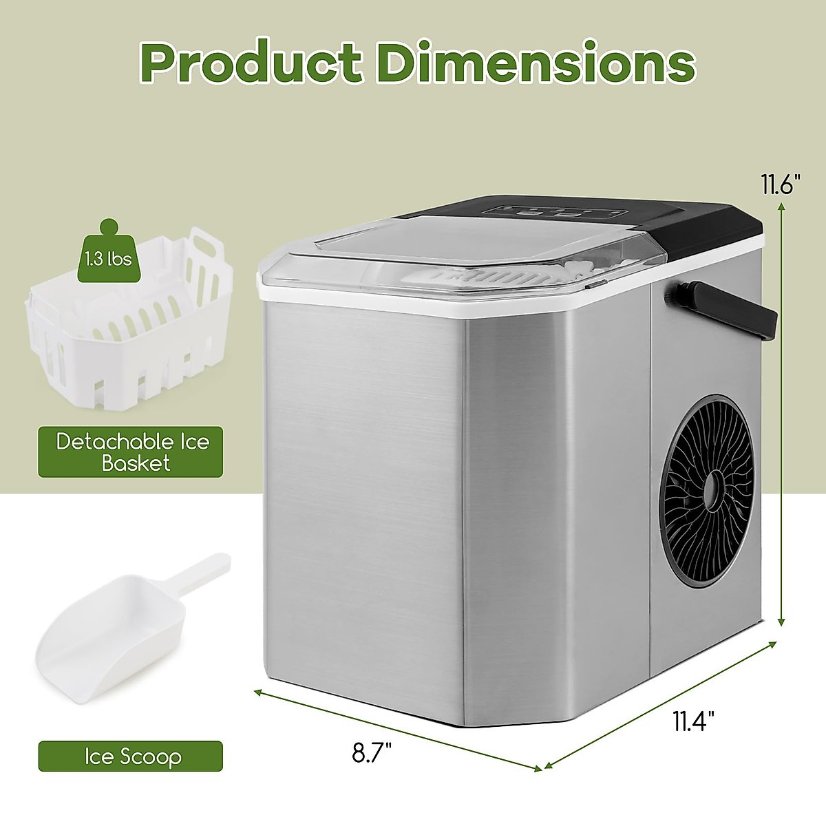 CLEEMAN Ice Makers Countertop, Portable Ice Maker, 9 Ice Cubes Ready in 6-13 Mins, 2 Sizes of Bullet Ice, Self-Cleaning, Ice Machine with Ice Scoop & Basket for Home/Kitchen/Party/RV (Silver)
