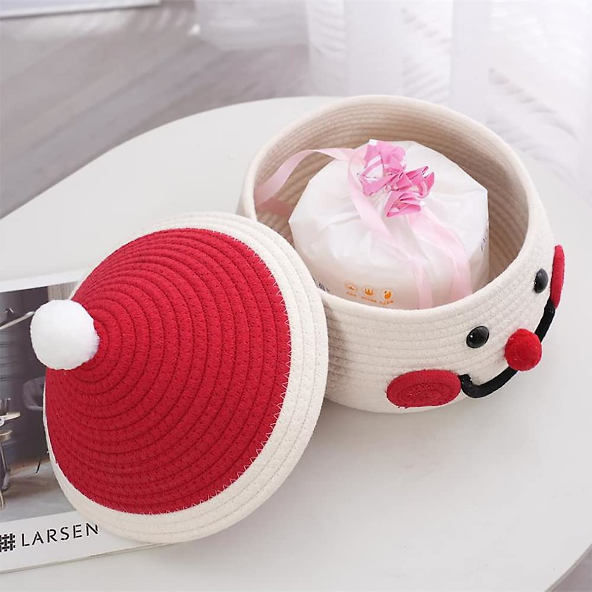 OXYPLAY DIY Snowman Christmas Tree Woven Storage Bucket, Kawaii Hand-Woven Knitted Cotton Wool Storage Box, Home Decor Clearance