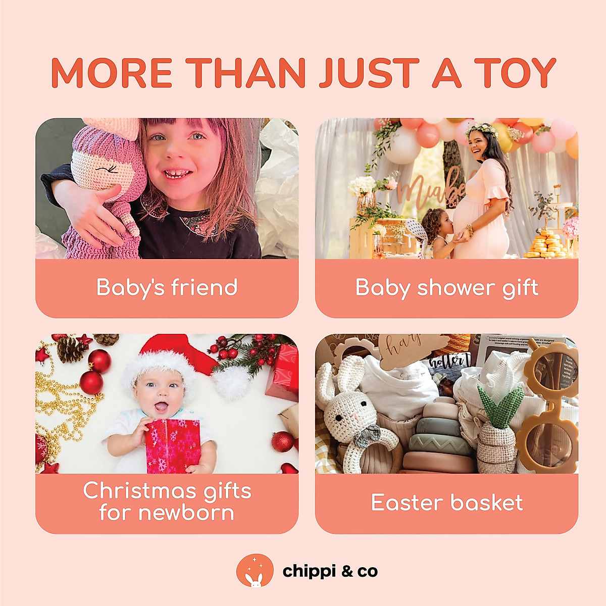 Chippi & Co Wooden Crochet Baby Rattle, Crochet Toys Stuffed Animals Easter Gifts for Kids, Newborn Toys, Unique Easter Basket Stuffers, Basket Filler, Cute Baby Shower Decor (Didi The Pink Dinosaur)