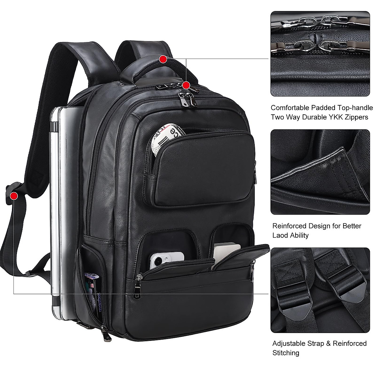 Masa Kawa Full Grain Leather 15.6 Inch Laptop Backpack for Men Black Large Business Travel Rucksack Bag Overnight Daypack