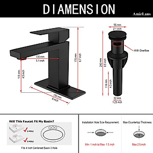AmirLans Black Faucet Bathroom, Stainless Steel Matte Black Bathroom Faucet Single Hole with Pop Up Drain, Single Handle Faucet AML-1141-BK
