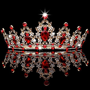 WHAVEL Gold Queen Crown Red Crown Headband Princess Rhinestone Crown Hair Accessories for Birthday Wedding Headbands Prom Party Jewelry for Women Girls(Red Gold)