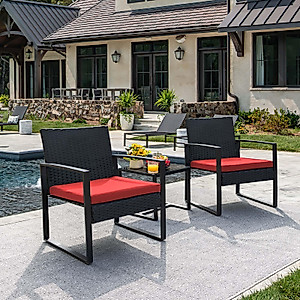 Flamaker 3 Pieces Wicker Patio Furniture Outdoor Modern Rattan Chair Conversation Sets with Coffee Table for Yard and Bistro (Red)