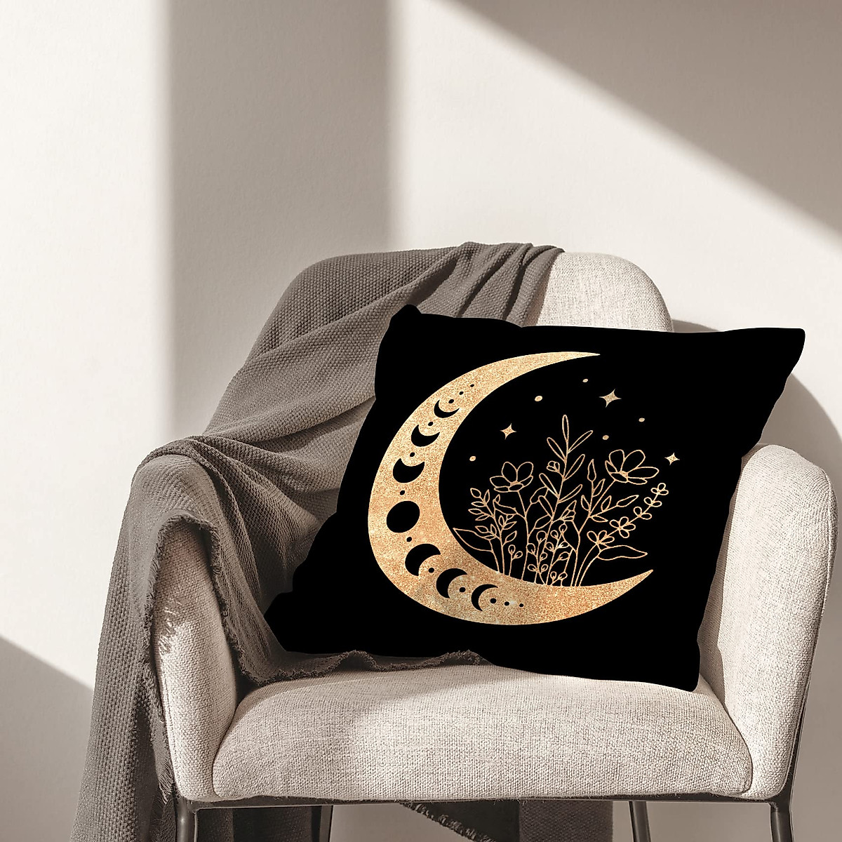 HIWX Abstract Boho Gold Moon Stars Flowers Decorative Pillowcase Throw Pillow Cover, Modern Art Crescent Moon Sky for Sofa Bed Room Home Bohemia Decor 18 x 18 Inch Pillow Case