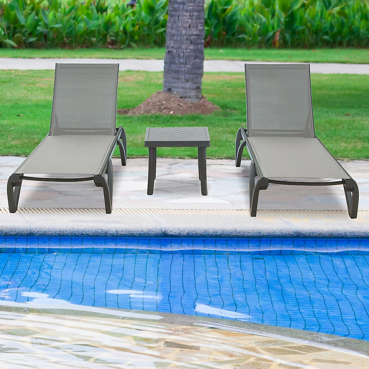 SHPAI Outdoor Chaise Lounge 3 Pieces Aluminum Patio Lounge Chair with 5 Adjustable Position Recliner Chair Outside Tanning Chairs for Patio, Beach, Yard, Pool, Side Table Included (Gray)