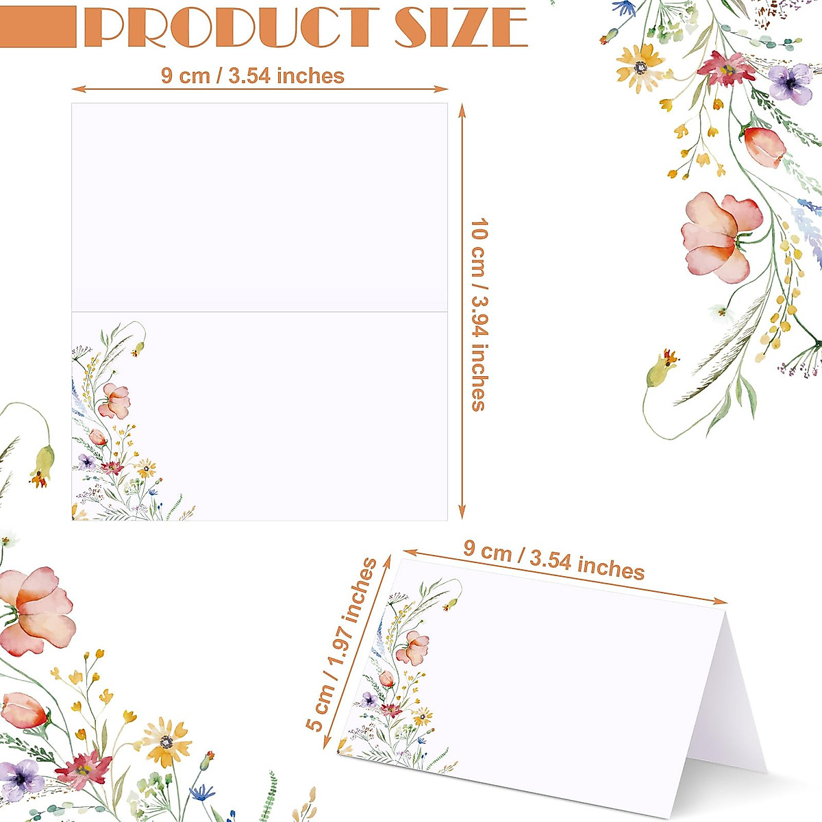 Sinload 120 Pcs Watercolor Wildflower Place Cards Tented Cards Seating Cards Floral Place Cards Blank Table Name Signs Folding Name Cards for Party Bridal Shower Dinner(Bright)