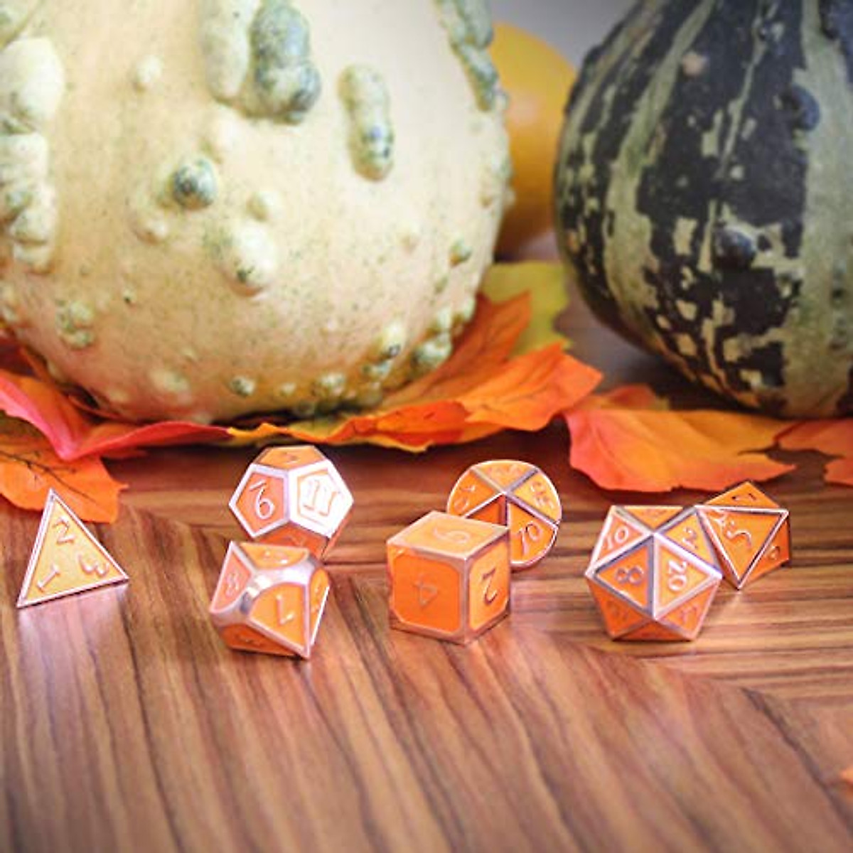 Metal Imperial Dice Set with Display Box | Metal Dice for Tabletop RPG Games Dungeons Dragons (Pumpkin Spice Orange Set)