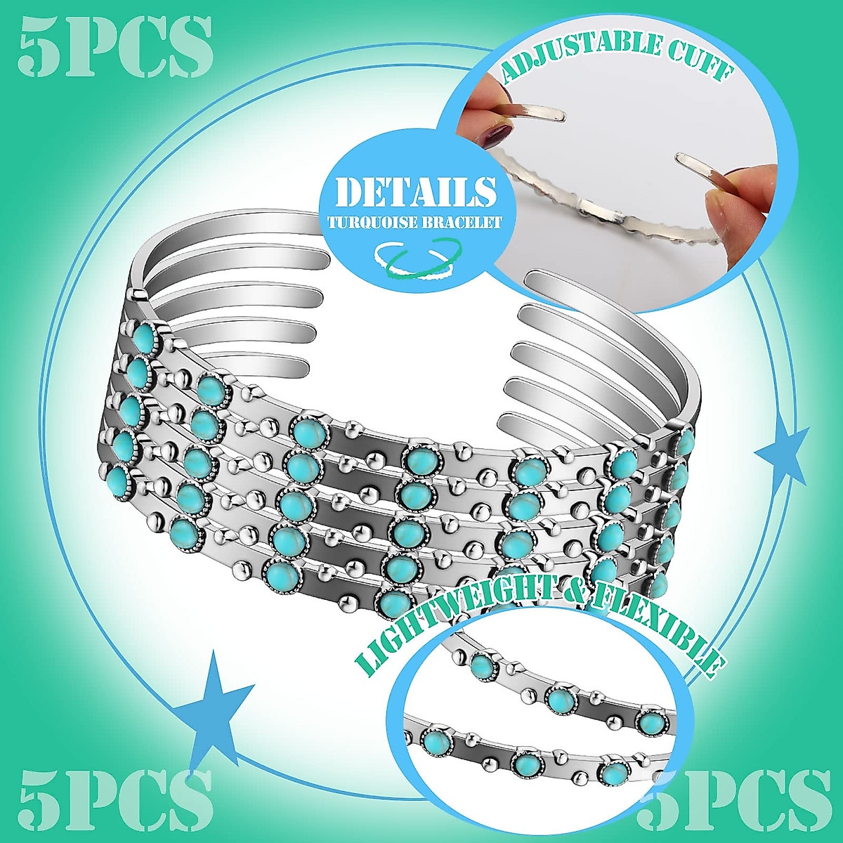 Lasnten 5 Pieces Turquoise Bracelet, Turquoise Cuff Bracelet, Western Turquoise Stackable Bracelet Handmade Gemstone Bangle for Women Christmas Birthday Gift