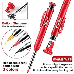 Hiboom 3 Pack Solid Carpenter Pencils with Carpenter Pencil Cap and 27 Refills, Deep Hole Mechanical Scriber Marking Tools with Built in Sharpener for Construction Woodworking Architect