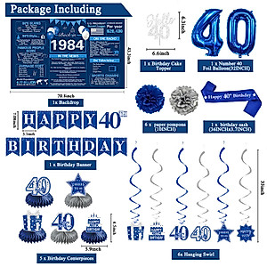Crenics 40th Birthday Decorations for Men Women - Blue Back in 1984 Birthday Backdrop, 40th Birthday Banner, Hanging Swirls, Honeycomb, Sash and Cake Topper for 1984 Birthday Decorations
