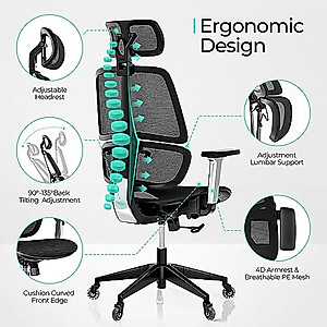 LINSY HOME High-Back Office Chair, Swivel Ergonomic Task Chair with Adjustable Headrest and Arms, Lumbar Support and PU Wheels, Computer Mesh Chair for Home Office, Black