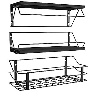 Love-KANKEI Floating Shelves Wall Mounted, Wood Wall Shelves with Storage Wire Basket, Bathroom Shelf Over Toilet eith Towel Bar,Hanging Shelves for Beadroom Living Room Kitchen, Set of 3, Black