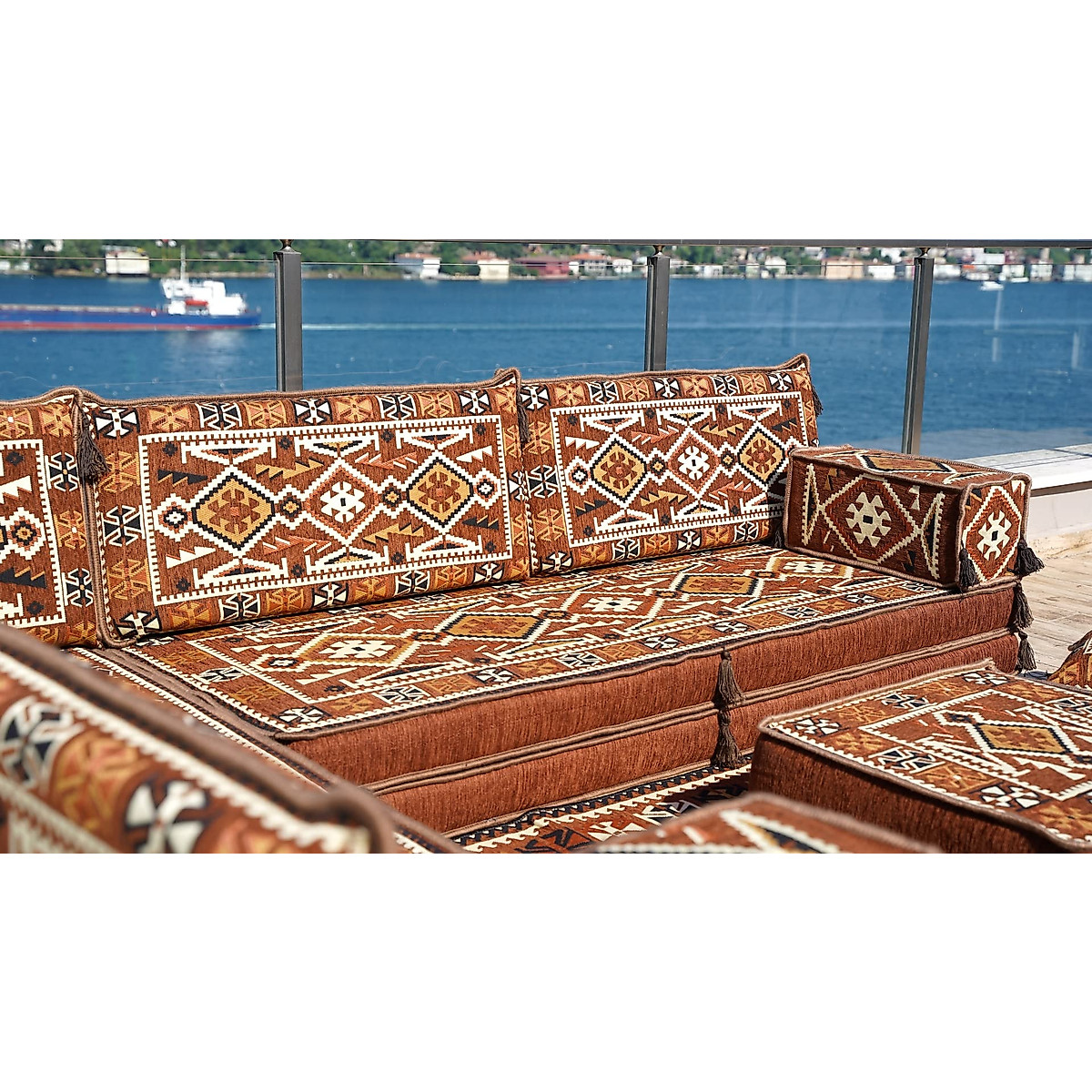 8" Thickness Brown Corner Floor Seating Set, Pallet Cushion Set, Modular Design Floor Cushion, Garden Sofa Set, Indoor Sofa Set, Futon Sofa Bed (L Sofa Full Set)