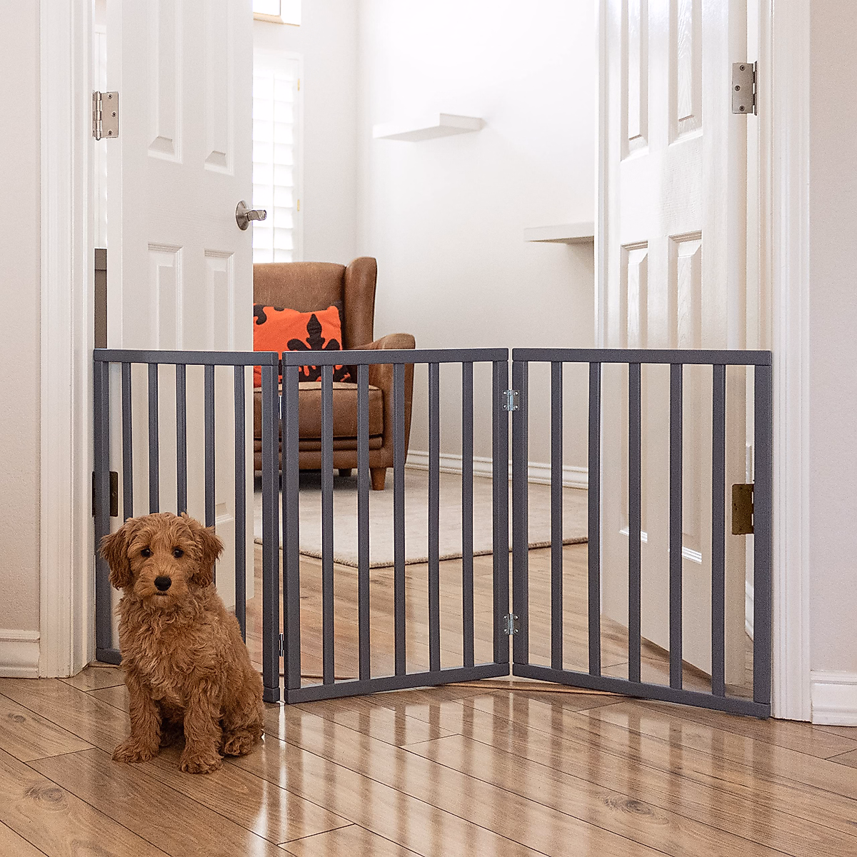 Primetime Petz - Best Freestanding, Hard Wood, Folding Pet Gate, Indoor Dog Fence for Home,Gray