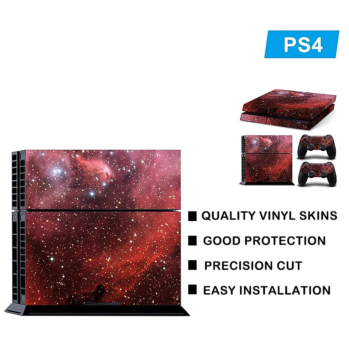 FOTTCZ Whole Body Vinyl Skin Sticker Decal Cover for PS4 Console and 2PCS Controllers Skins Red Nebula