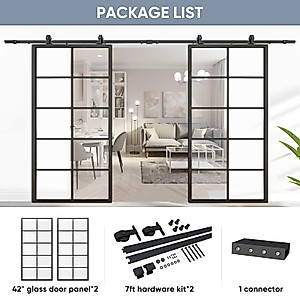 JUBEST Double Barn Door 84 x 84 in with 14FT Hardware Kit, 2 Sets of 42x84 in Clear Tempered Glass Aluminum Frame Barn Door,Pocket Interior Door, Easy Assembly，Black Top-Mounted Hardware
