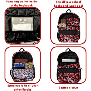 RALME Red Camo Gaming Backpack Set for Boys, 16 inch, 6 Pieces - Includes Foldable Lunch Bag, Water Bottle, Key Chain, & Pencil Case