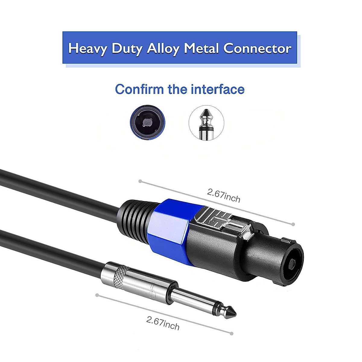 Yuyaokk 2Pack 25 ft Speakon to 1/4" Male Speaker Cables, Professional 12 Gauge AWG Wire Audio Amplifier Connection Cord, DJ/PA Wire with Twist Lock.