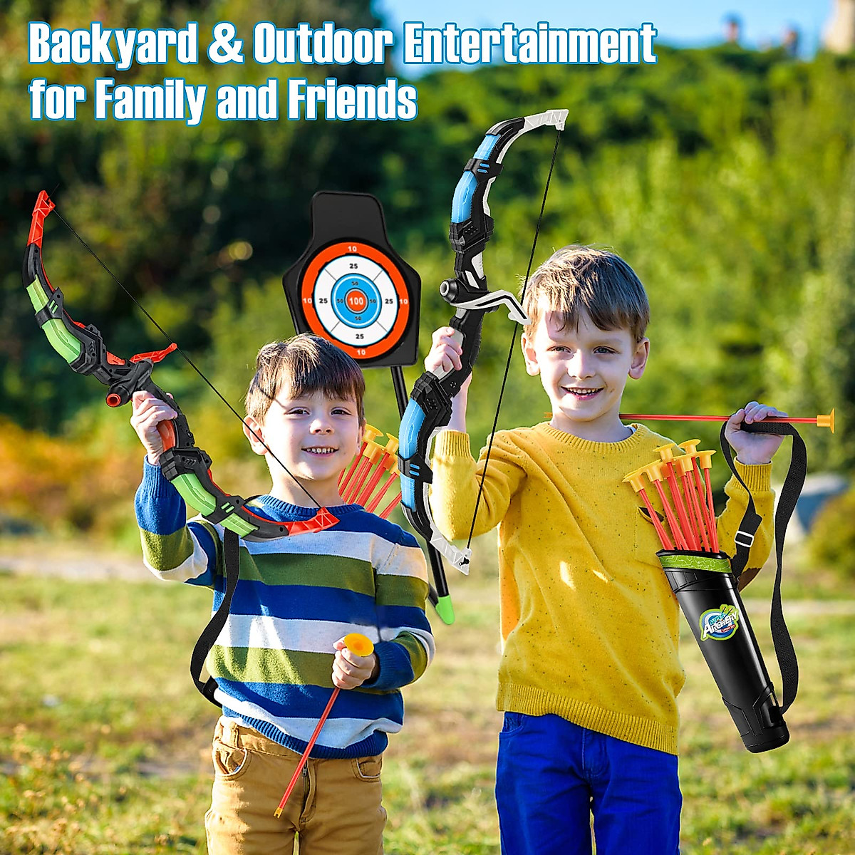 OWNONE 1 Bow and Arrow for Kids 4-6-8-12 Years Old, Archery Toy Set for Boys with LED Lights - Includes 2 Bows, 20 Suction Cup Arrows, 2 Quivers & Standing Target, Outdoor Toys for Kids Boys Girls