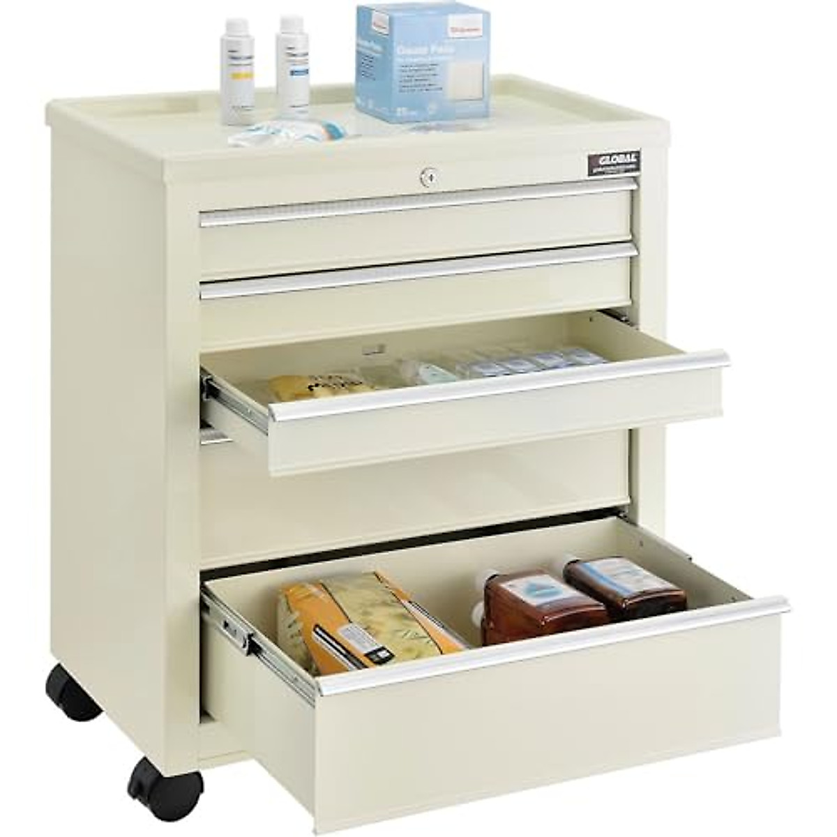 Global Industrial Medical Bedside Cart, 5-Drawer, Key Lock, Beige, 24-1/2"L x 13-1/4"W x 29"H