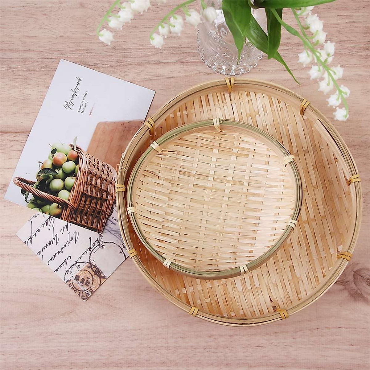 Vctitil 5.1inch/5.9inch Bamboo Basket Tray Fruit Holder Handmade Round Flat Basket Woven Round Dustpan Decor Ornaments Kitchen Storage(15cm)