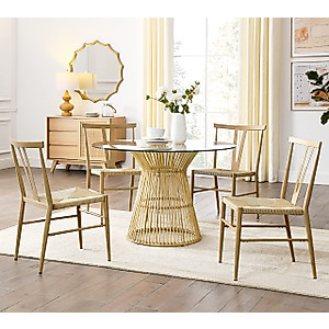 Melpomene 5 Pieces Rattan Wicker Dining Table Set with 44" Round Table Glass Top and Four Chairs,for Kitchen, Living Room and Dining Room