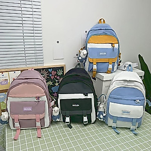 FORJMMP Aesthetic Backpack with Kawaii Accessories, Lightweight Casual Daypack for Women (White+Blue)