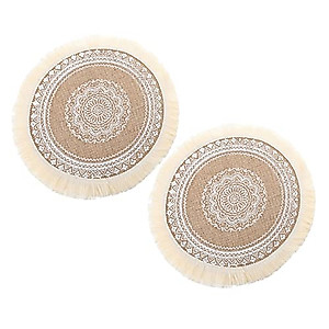 GARVALON 2pcs Tassel Cotton Linen Placemat Jute Placemat Desk Mat for Desktop Nordic Decor Rattan Coaster Pad Rustic Round Kitchen Placemat Personalized Coasters Placemats Tassel Placemats