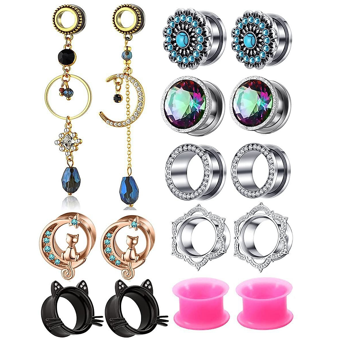 16pcs Crystal Dangle Plugs Ear Tunnels Gauges Pendant Moon Star Stainless Steel Screw Silicone Rhinestone Body Piercings Stretcher Set