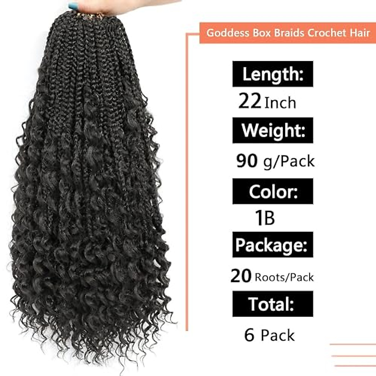 Ayana Crochet Box Braids Curly Ends 120 Strands 22Inch Goddess Box Braids Crochet Hair Bohomian Crochet Braids Box Braids 3X Boho Box Braids Synthetic Crochet Braids Hair Extensions (6pack, 1B)