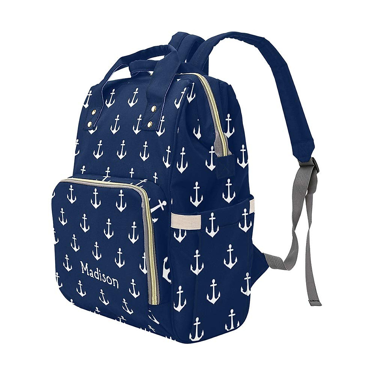 Yeshop Nautical Anchor Navy Blue Personalized Diaper Bag Backpack Tote with Name,Custom Travel Nappy Mommy Bag Backpack for Baby Girl Boy Gift, 10.83 inches * 6.69 inches* 15 inches
