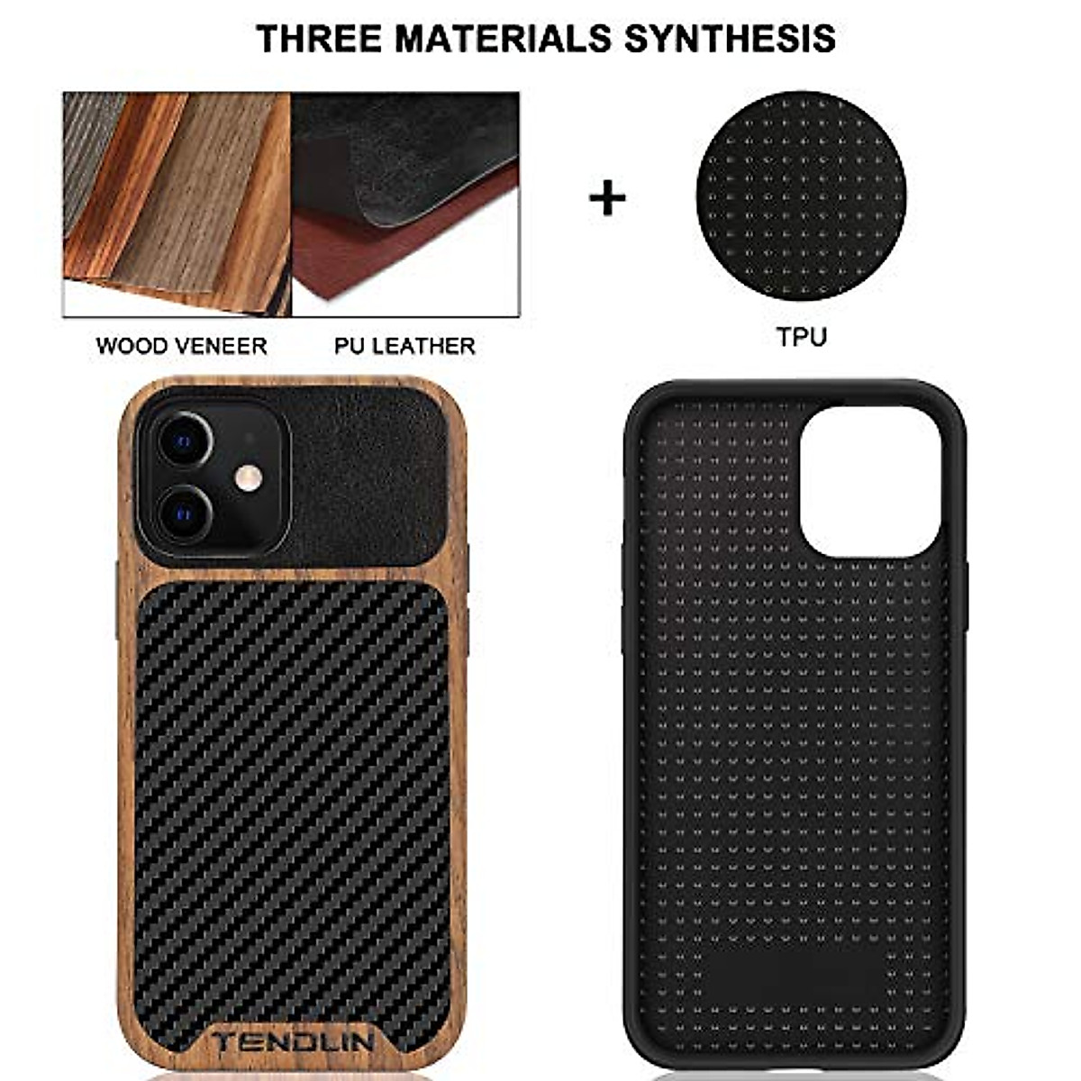 TENDLIN Compatible with iPhone 12 Case/iPhone 12 Pro Case Wood Grain with Carbon Fiber Texture Design Leather Hybrid Case