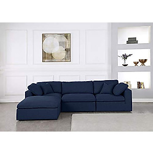 Meridian Furniture Serene Collection Modern | Contemporary Deluxe Comfort Modular Sectional, Soft Linen Textured Fabric, Down Cushions, 2 Corner + 1 Armless + 1 Ottoman, Navy