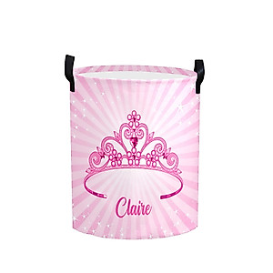Personalized Laundry Basket Hamper,Princess Crown Pink,Collapsible Storage Baskets with Handles for Kids Room,Clothes, Nursery Decor