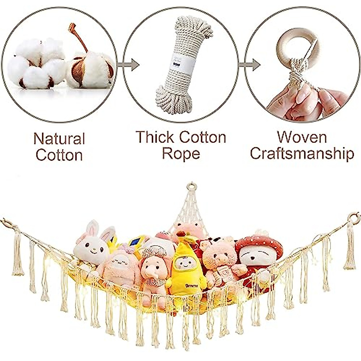 Roury Stuffed Animal Toy Hammock Macrame with Light, Corner Toy Corner Hammock Organizer Display Holder Net for Hanging Stuff Animals
