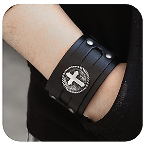 Nsitbbuery Hip Hop Jewelry Metal Cross Disc Belt Buckle Bracelet Wide Leather Wristband Bracelet(Black)