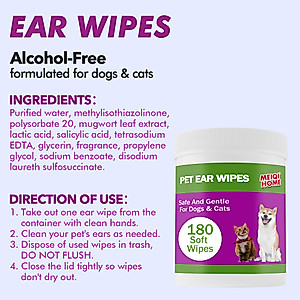 180 Count Dog Ear Cleaner Wipes ,Dog Ear Wipes ,Gently Remove Ear Wax, Debris ,Soothes & Relieves Ear Itching, Fresh Mugwort Scent, All Natural Ingredients,Safe & Gentle Ear Wipes for Dogs & Cats