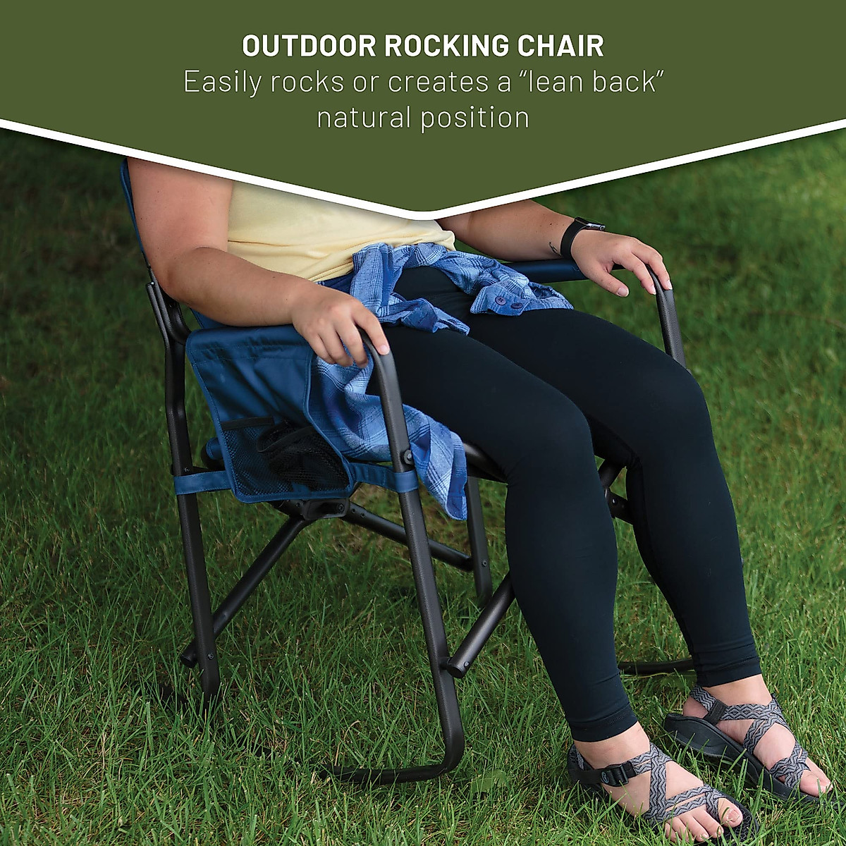 TIMBER RIDGE Outdoor Director's Mesh Side Pocket Hard Arm Folding Rocking Camping Chair, Supports 300 LBS, Blue