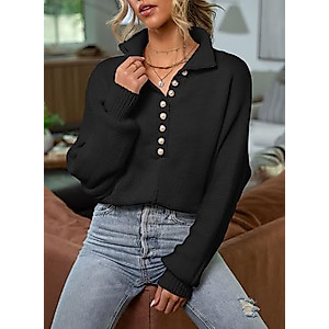 EVALESS Womens Fall Knit Chunky Oversized Sweater 2024 Trendy Fashion Stand Collar Button-Up Long Sleeve V Neck Pullover Tops Outfits Clothes Black X-Large