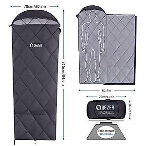 QEZER Down Sleeping Bag for Adults, Teens, 40-60℉ 600 Fill Power Duck Down Ultralight Sleeping Bag Backpacking Sleeping Bag with Compression Sack